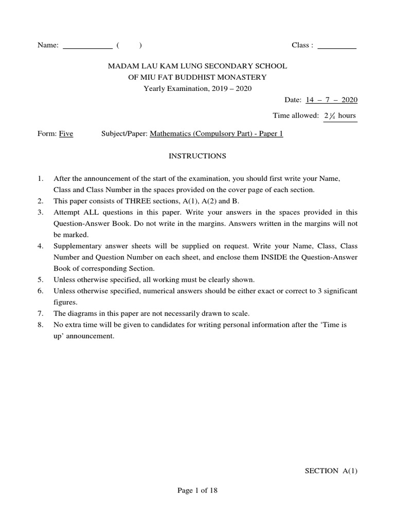 F5 Math Exam Paper 2020 | PDF | Elementary Mathematics | Teaching ...
