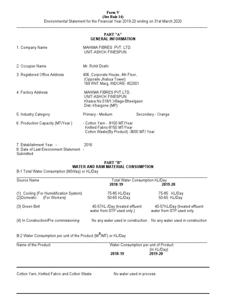 Environment Statement Form V For 2019-20 Ashok Finespun | PDF | Waste ...