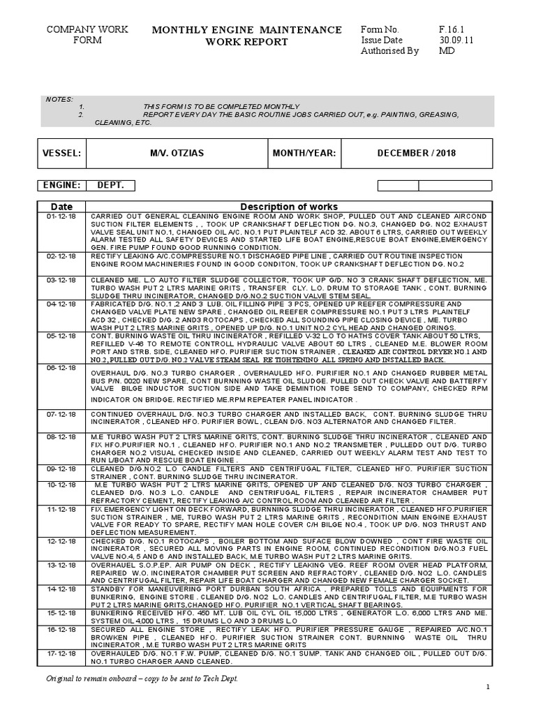 Engine Maintenance Work-Dec 18 | PDF | Fuel Oil | Incineration