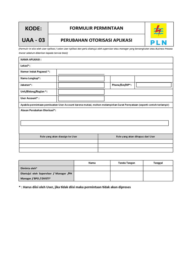 (UAA-03) Formulir Permintaan Perubahan Otorisasi Aplikasi | PDF