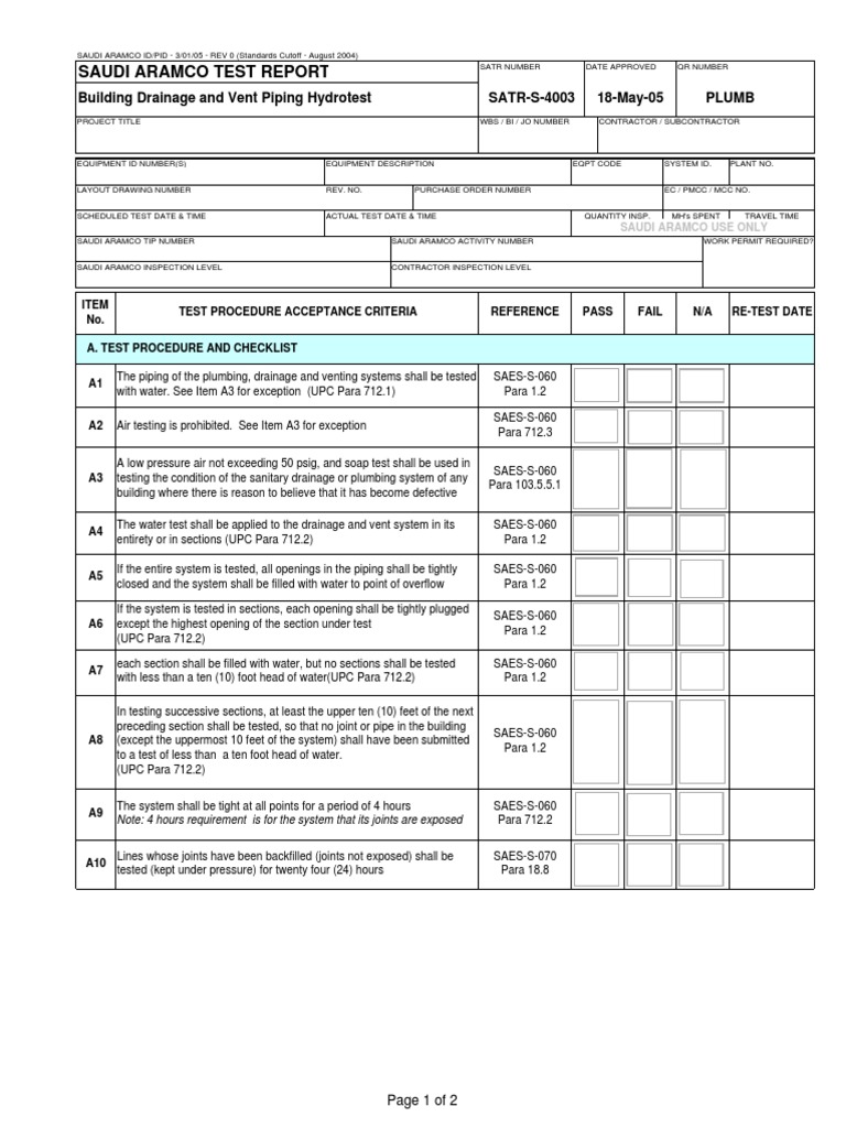 Saudi Aramco Test Report: Building Drainage and Vent Piping Hydrotest ...