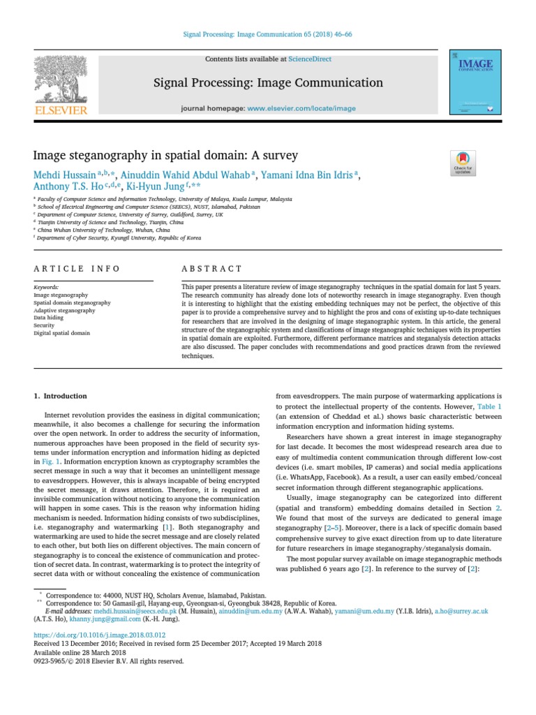 Image Steganography in Spatial Domain A Survey | PDF | Encryption | Cryptography