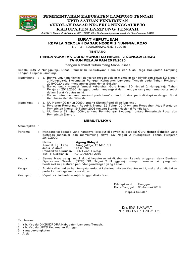 SK Pengangkatan Guru Honor SD 2023 | PDF