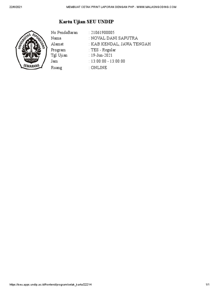 Cetak Kartu Ujian SEU UNDIP Online | PDF