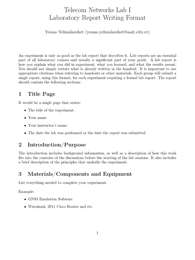 Telecom Networks Lab I Laboratory Report Writing Format: 1 Title Page ...