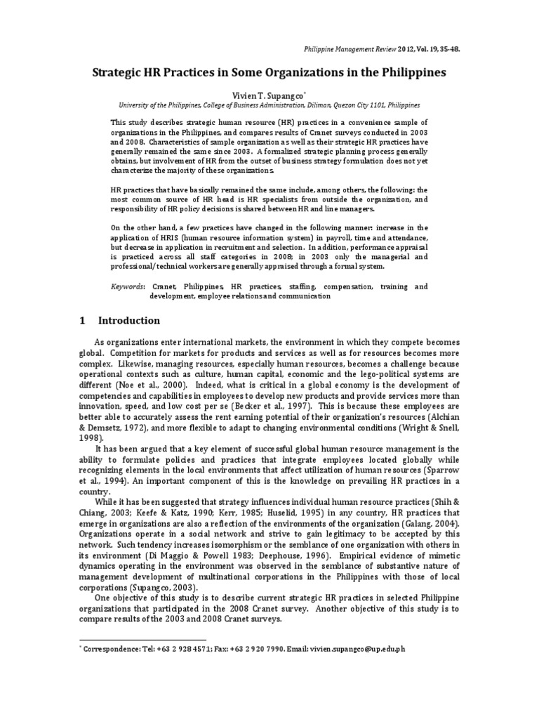 Strategic HR Practices in Some Organizations in The Philippines | PDF ...