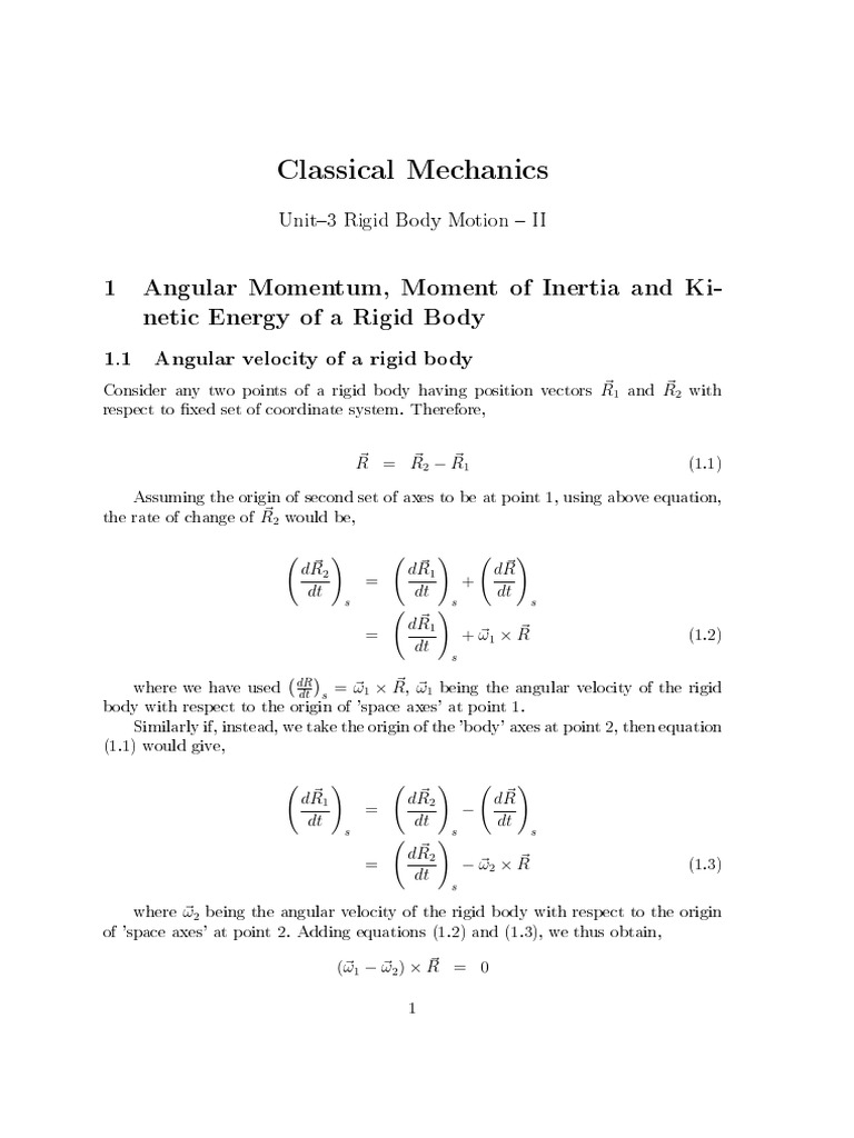 Classical Mechanics: 1 Angular Momentum, Moment of Inertia and Ki-Netic Energy of A Rigid Body ...