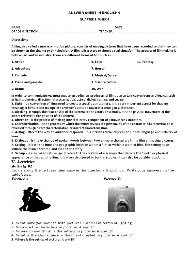 Gr. 6 Answer Sheet Q1 WK3 | PDF | Actor | Entertainment