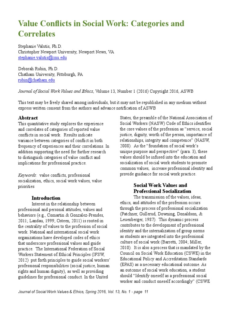 Value Conflicts in Social Work: Categories and Correlates: Stephanie ...