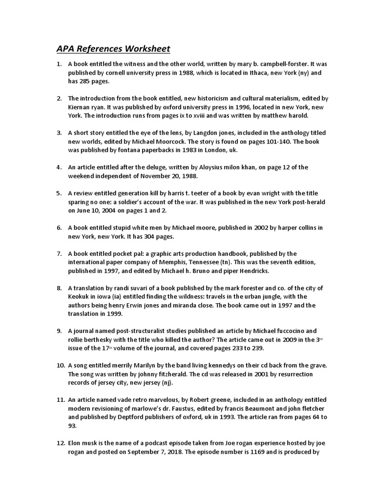 APA References Worksheet: RD TH | PDF | Books