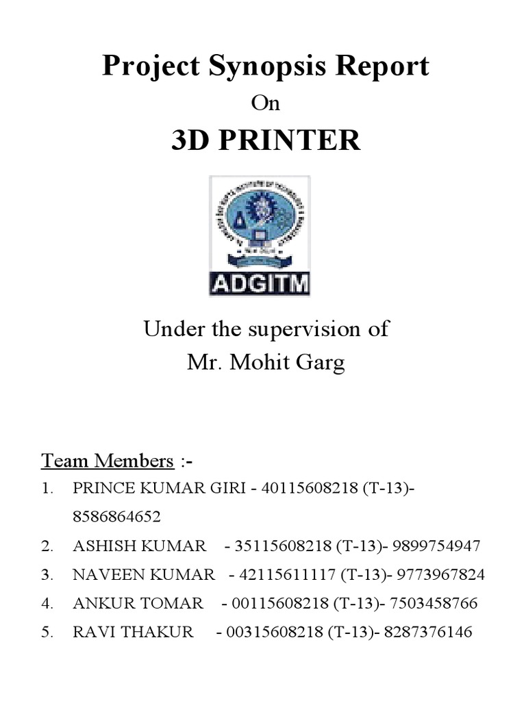 3D Printer Project Synopsis Report | PDF | 3 D Printing | Computer ...