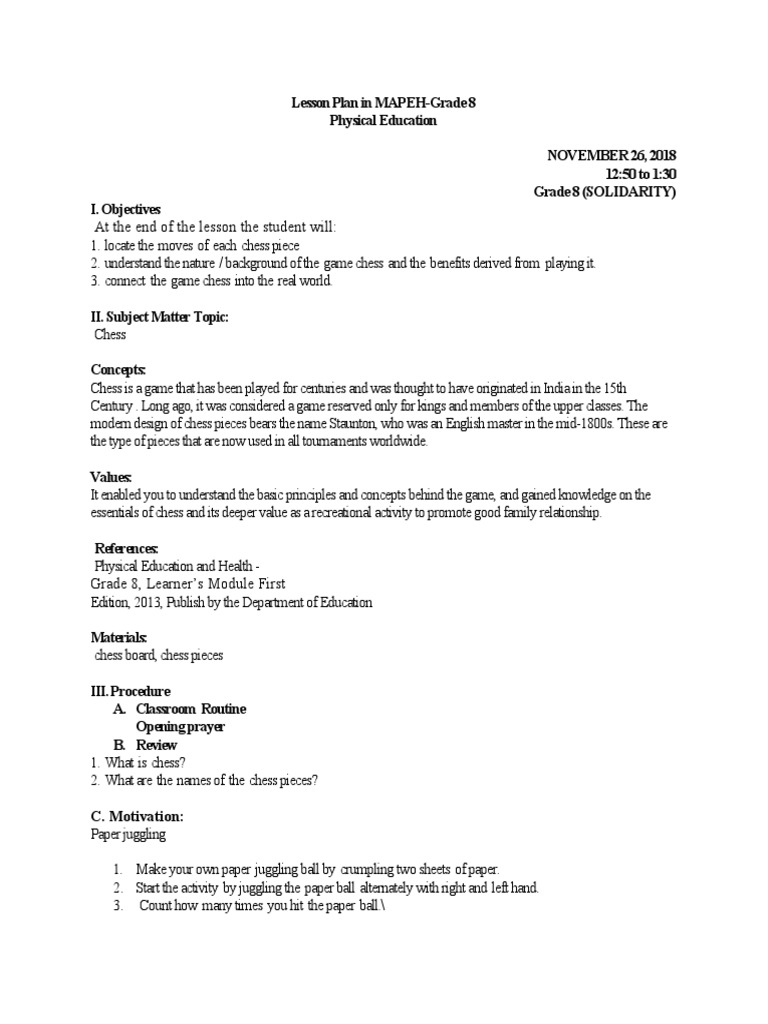Lesson Plan in MAPEH COT P.E | PDF | Chess | Physical Education
