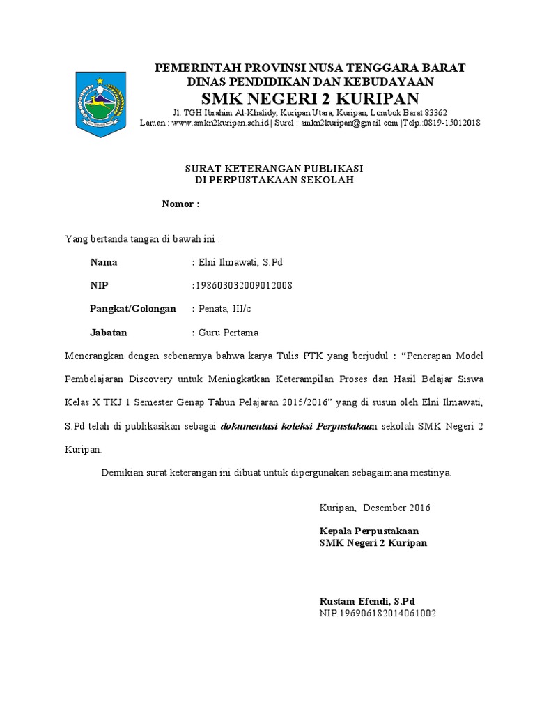 Surat Keterangan Publikasi Karya Tulis SMK | PDF