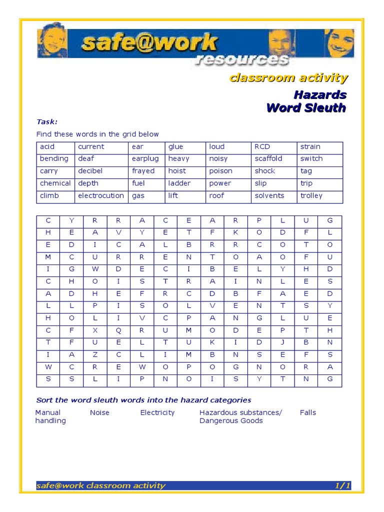 Classroom Activity Hazards Word Sleuth | PDF