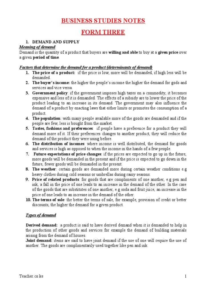 Business Studies Notes Form Three: Meaning of Demand | PDF | Demand ...