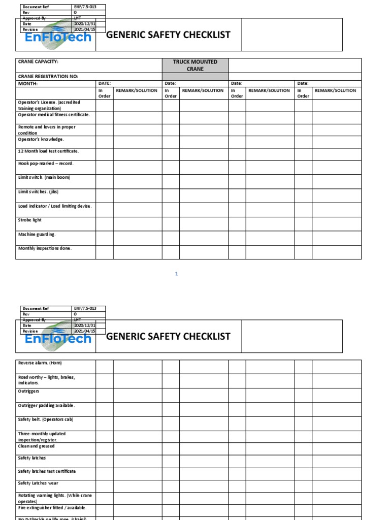 A Generic Monthly Safety Checklist for Truck Mounted Cranes Covering ...