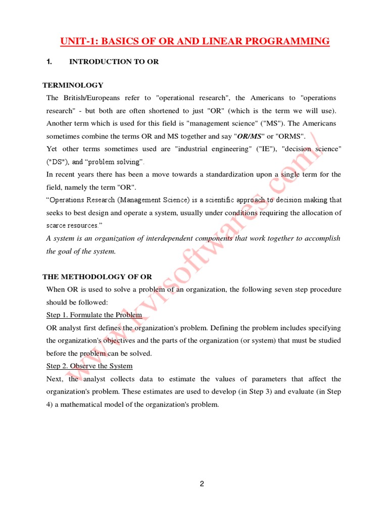 Unit 1 Basics Of Or And Linear Programming Pdf Linear Programming Mathematical Optimization 3044