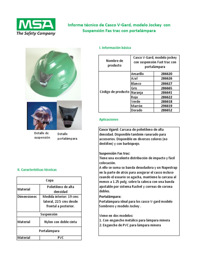 Ficha Técnica Casco MSA V-Gard Jockey | PDF | Casco | Science