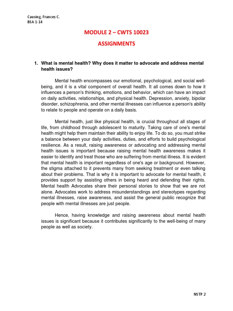 NSTP 2 Module 2 Assignment | PDF | Mental Health | Mental And ...