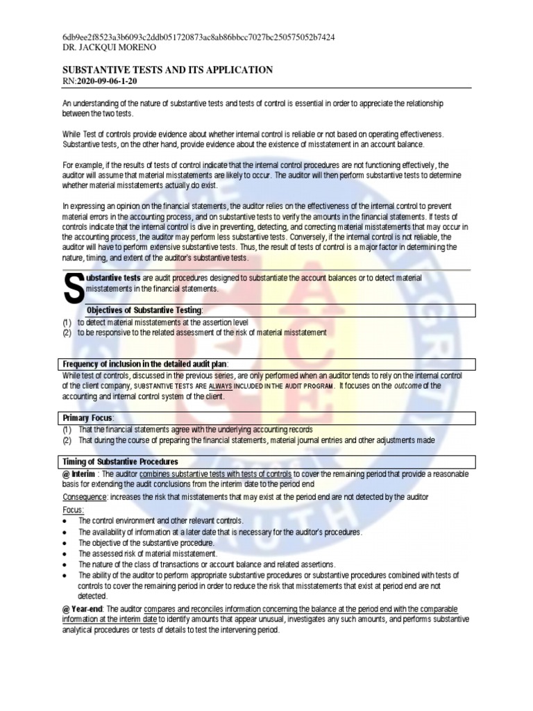 Substantive Tests in Auditing Explained | PDF | Internal Control ...
