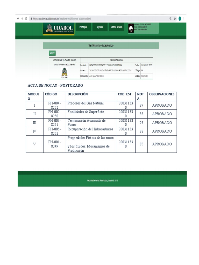 Acta de Notas - Postgrado-Udabol | PDF
