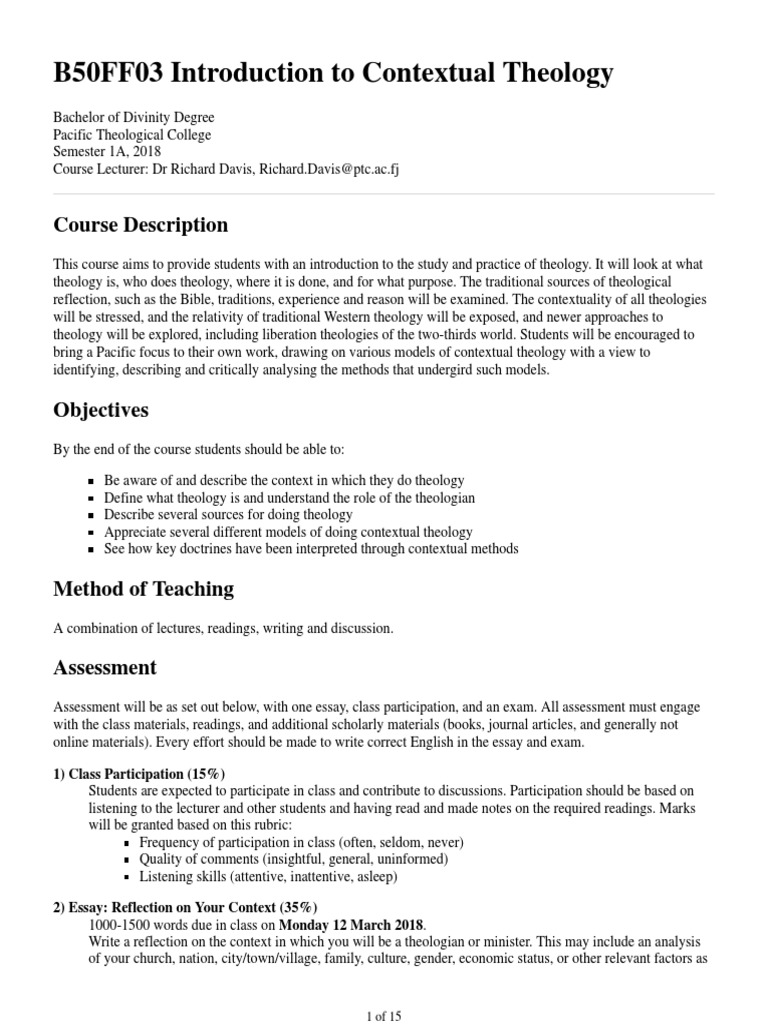 B50FF03 Introduction Contextual Theology Syllabus 2018 | PDF ...