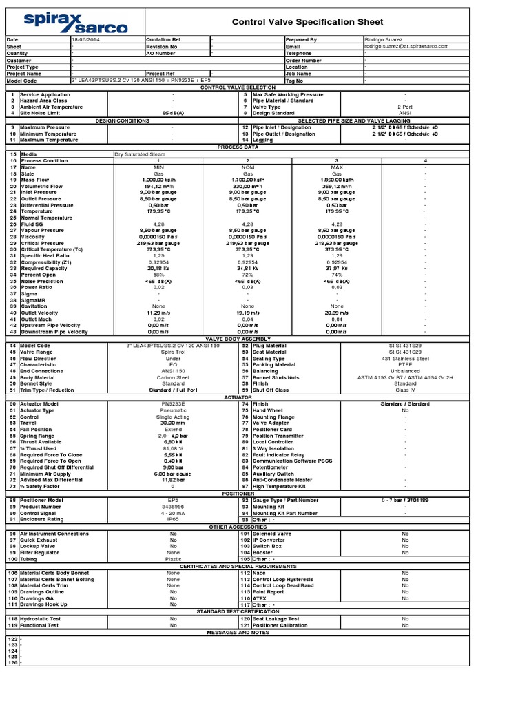 Control Valve Specification Sheet | PDF | Valve | Pipe (Fluid Conveyance)