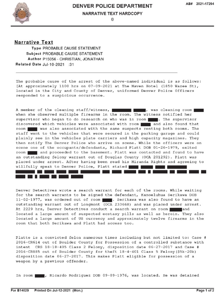 Richard Platt Probable Cause Statement | PDF