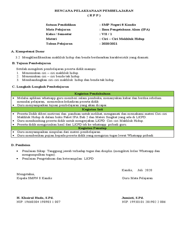 RPP IPA Kelas VII: Ciri Makhluk Hidup | PDF | Karier & Perkembangan