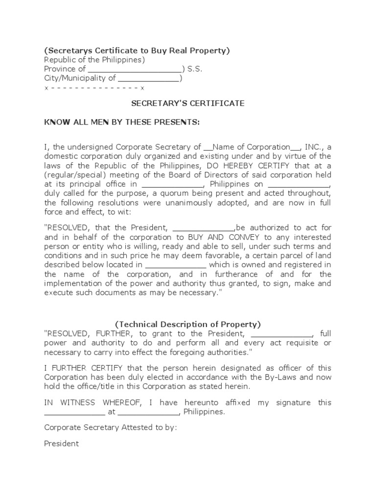 Secretarys Certificate To Buy Real Property | PDF