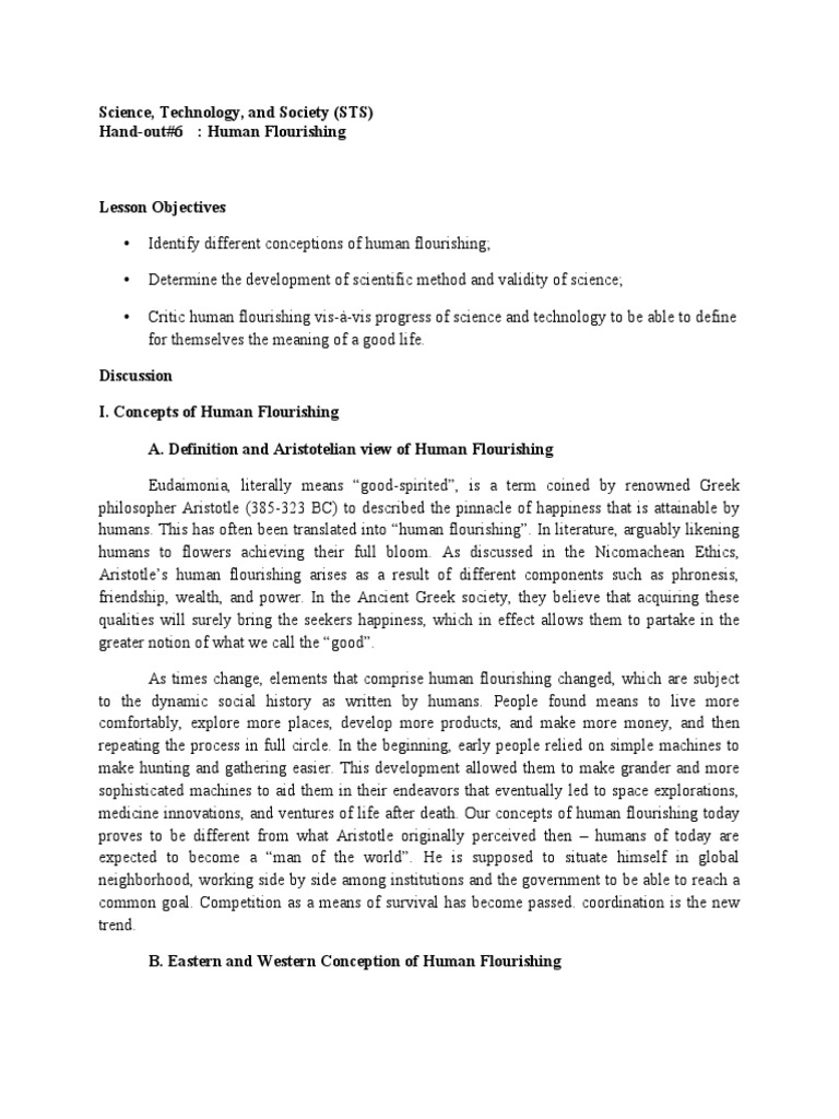 Science, Technology, and Society (STS) Hand-Out#6: Human Flourishing ...