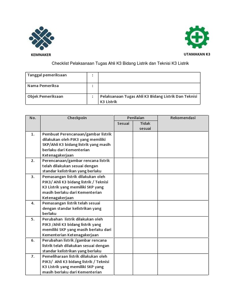 Checklist Pelaksanaan Tugas Ahli K3 Bidang Listrik | PDF