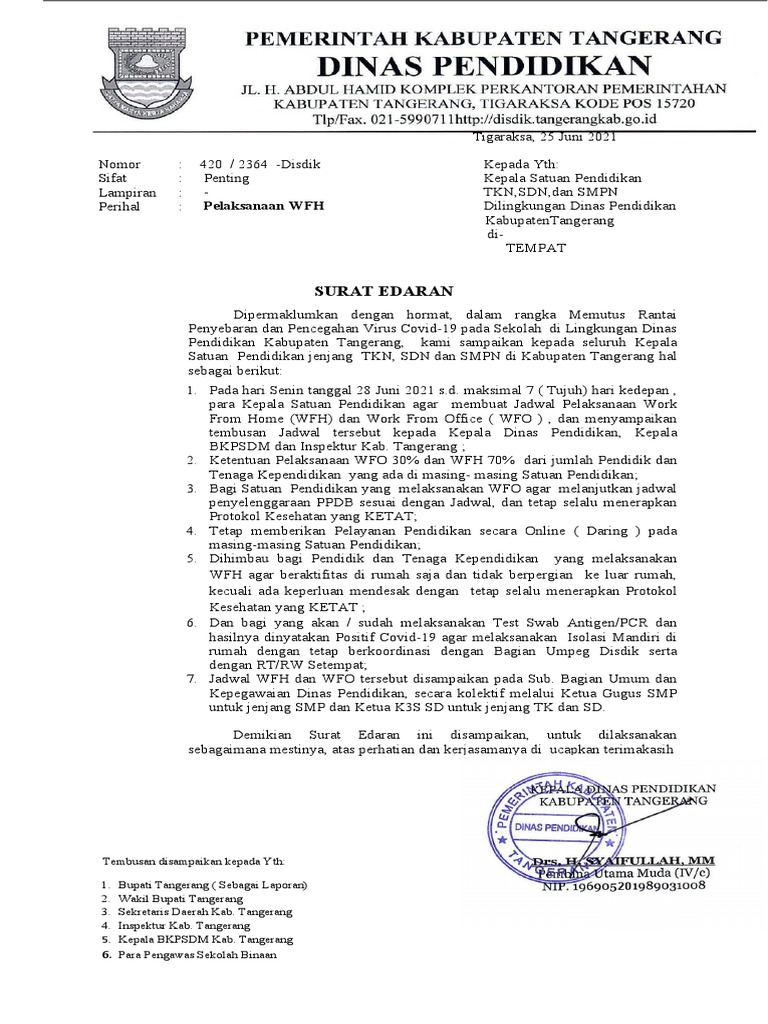 Surat Edaran Pelaksanaan WFH Sekolah Revisi | PDF