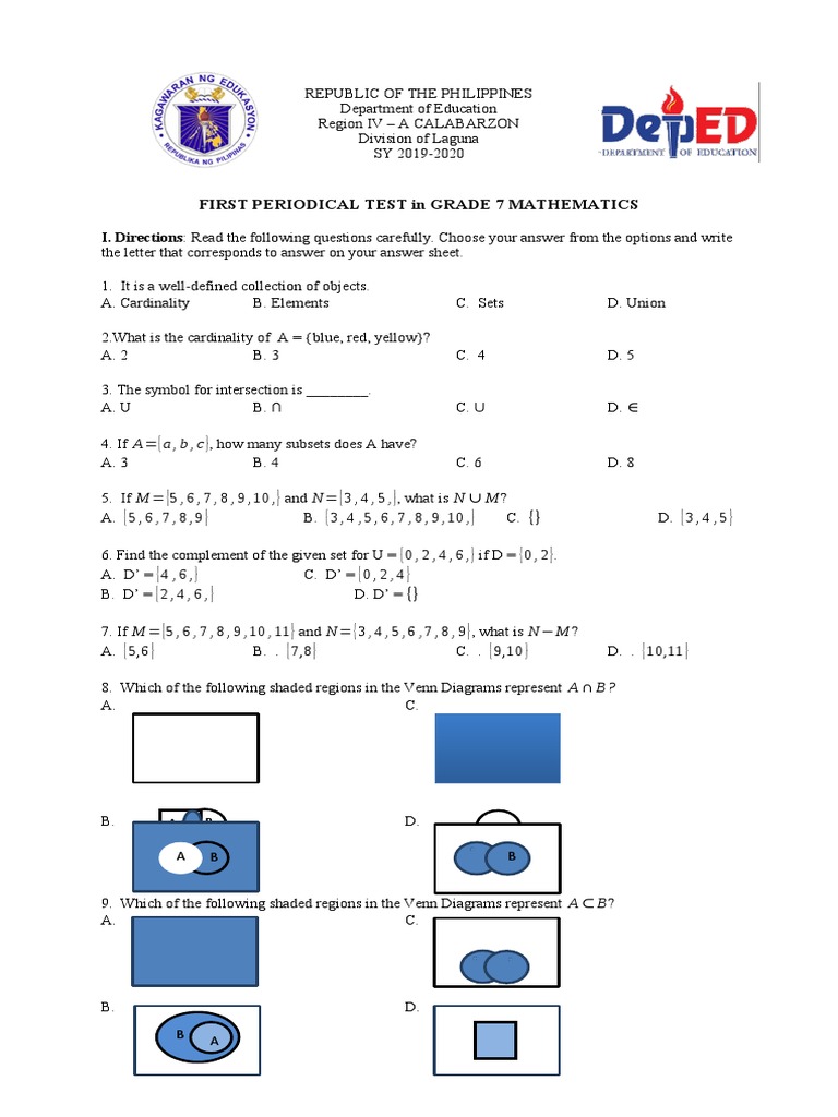 First Periodical Test in Grade 7 Mathematics: A A, B, C | PDF | Numbers ...