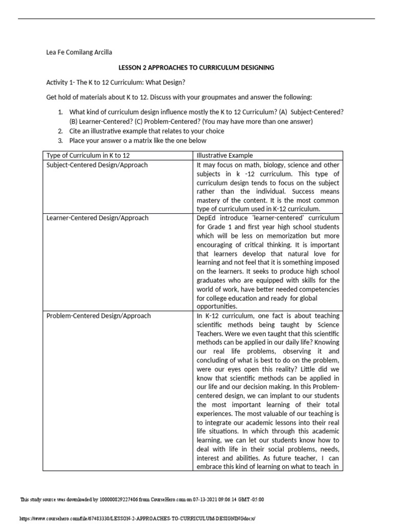 Lesson 2 Approaches To Curriculum Designing | PDF | Curriculum | Learning