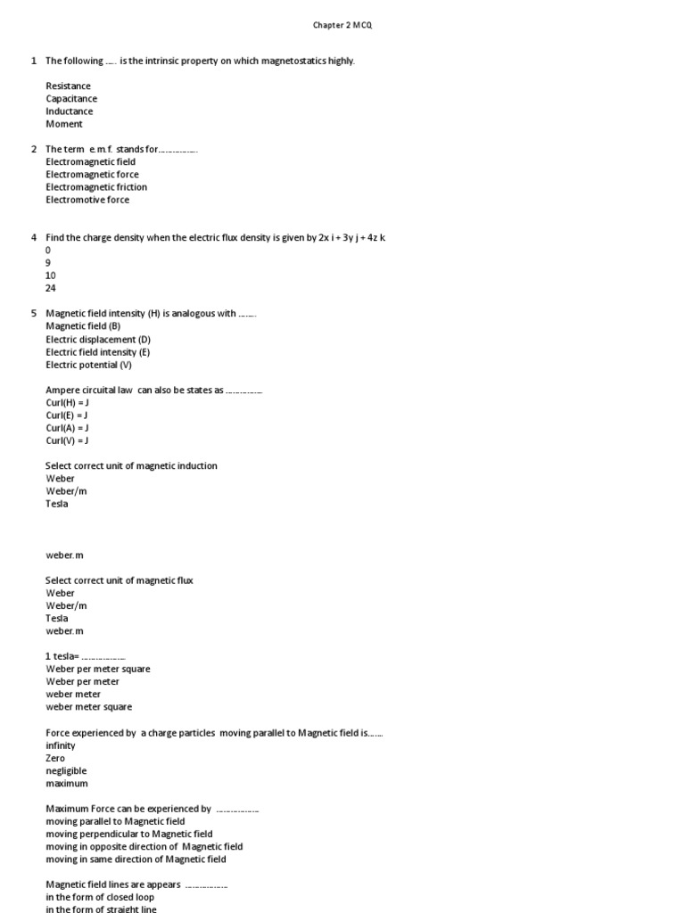 Magnetism MCQs for Engineering Students | PDF | Magnetic Field | Magnetism