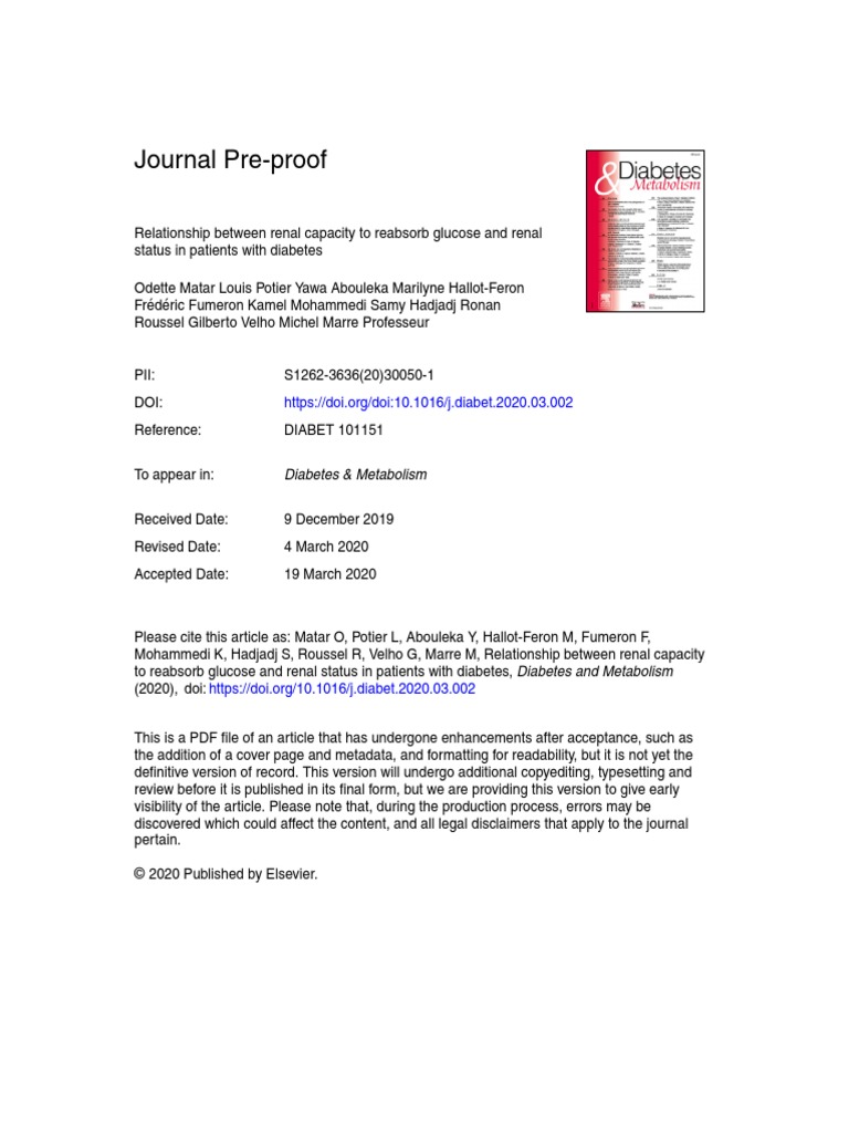 Journal Pre-Proof: Diabetes & Metabolism | PDF | Creatinine | Kidney