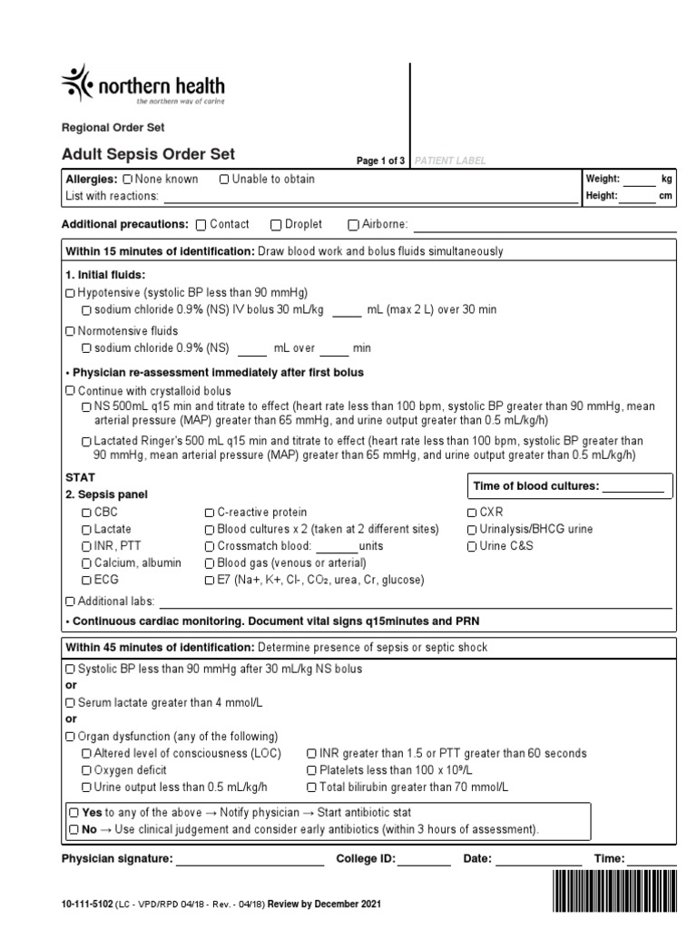 Adult Sepsis Order Set | PDF | Sepsis | Blood Pressure