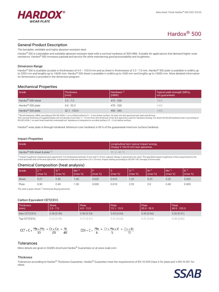 Hardox 500: General Product Description | PDF | Sheet Metal | Hardness