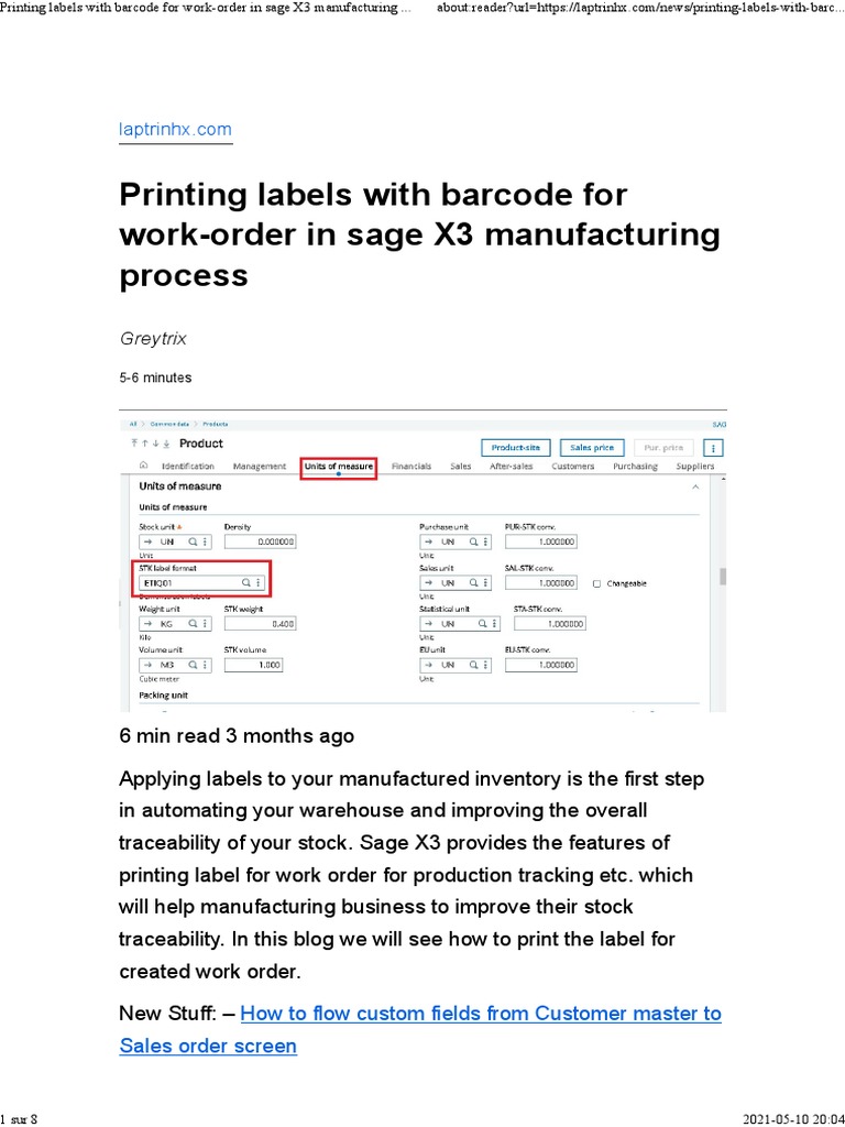 Printing Labels With Barcode For Work-Order in Sage X3 Manufacturing ...