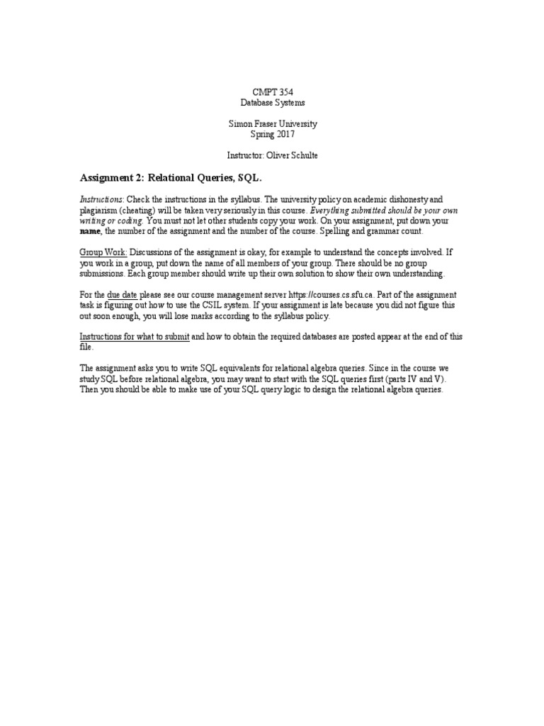 Assignment 2: Relational Queries, SQL | PDF | Relational Model | Relational Database