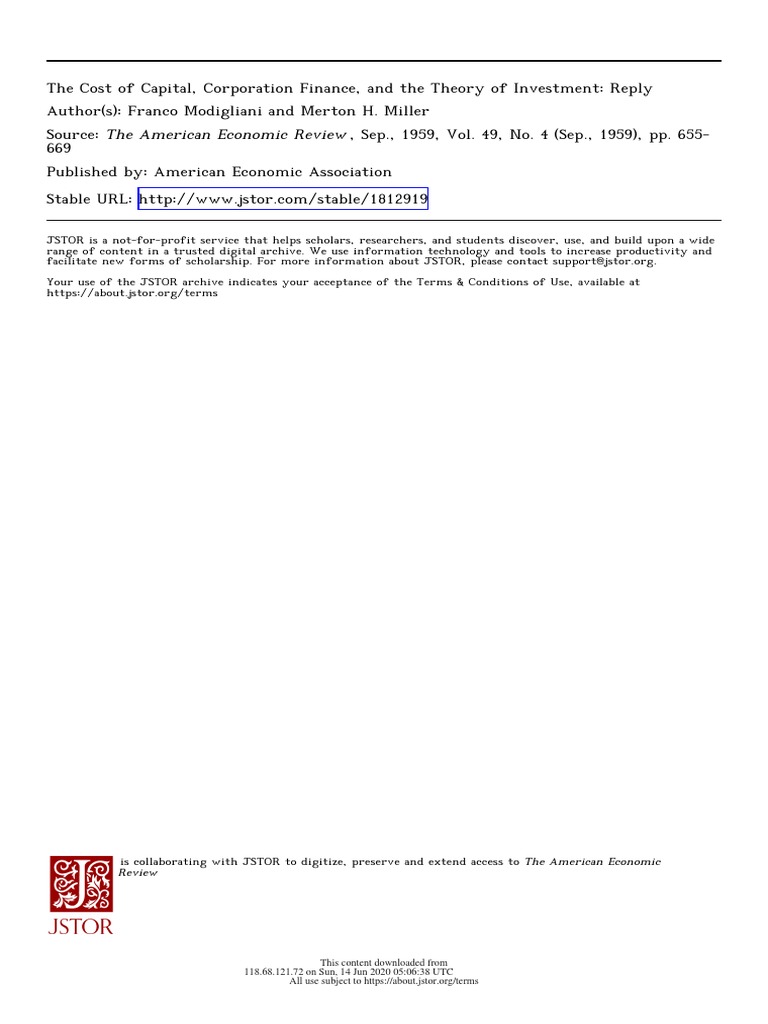 Modigliani, F. and Miller, M.H. (1958) The Cost of Capital, Corporation ...