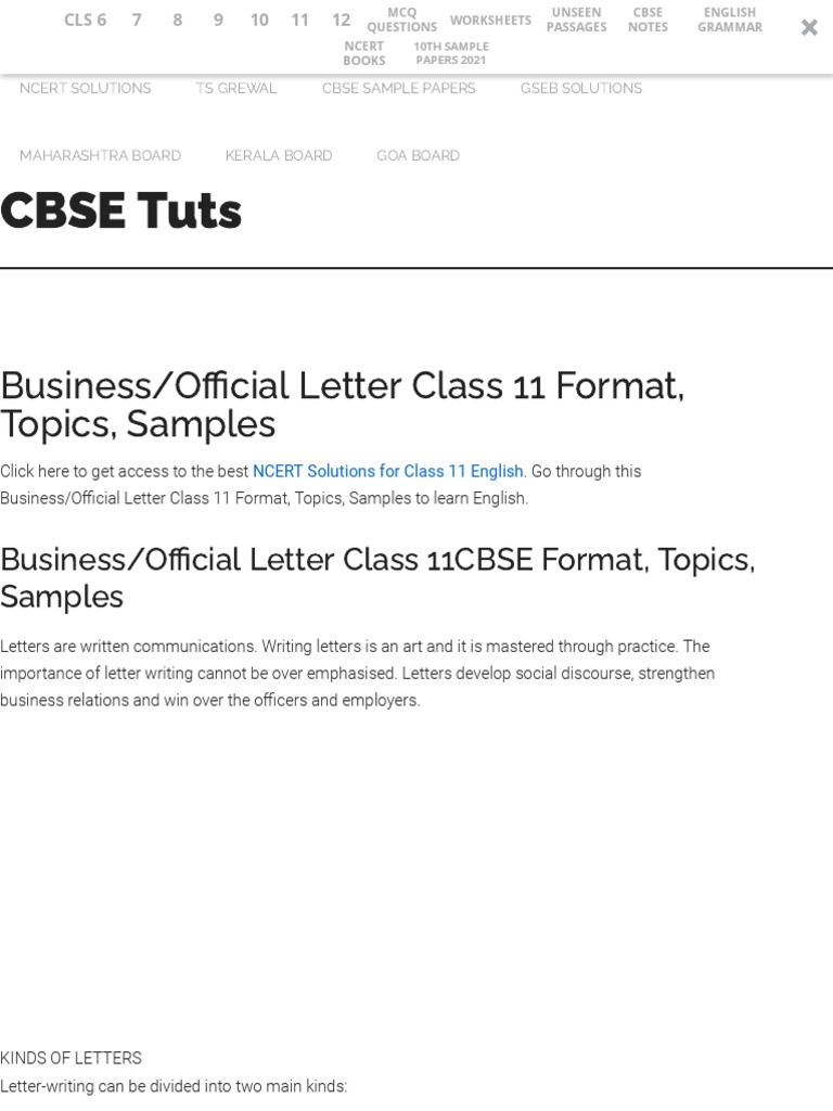 Business - Official Letter Class 11 Format, Topics, Samples - CBSE Tuts ...