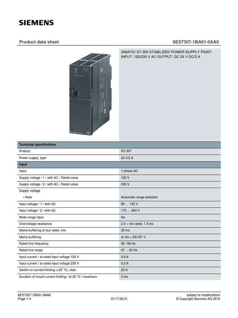Product Data Sheet 6ES7307-1BA01-0AA0 | PDF | Mains Electricity | Power ...