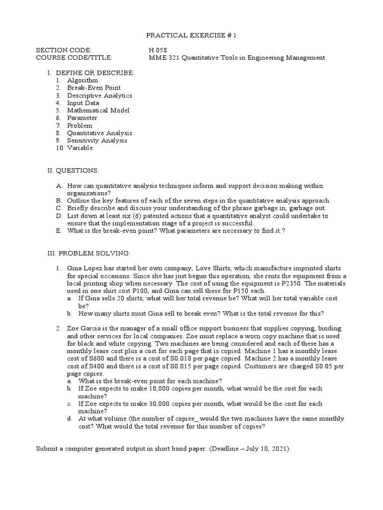 MME 321 PRACTICAL-EXERCISES-1 (Summer 2021) | PDF | Applied Mathematics ...
