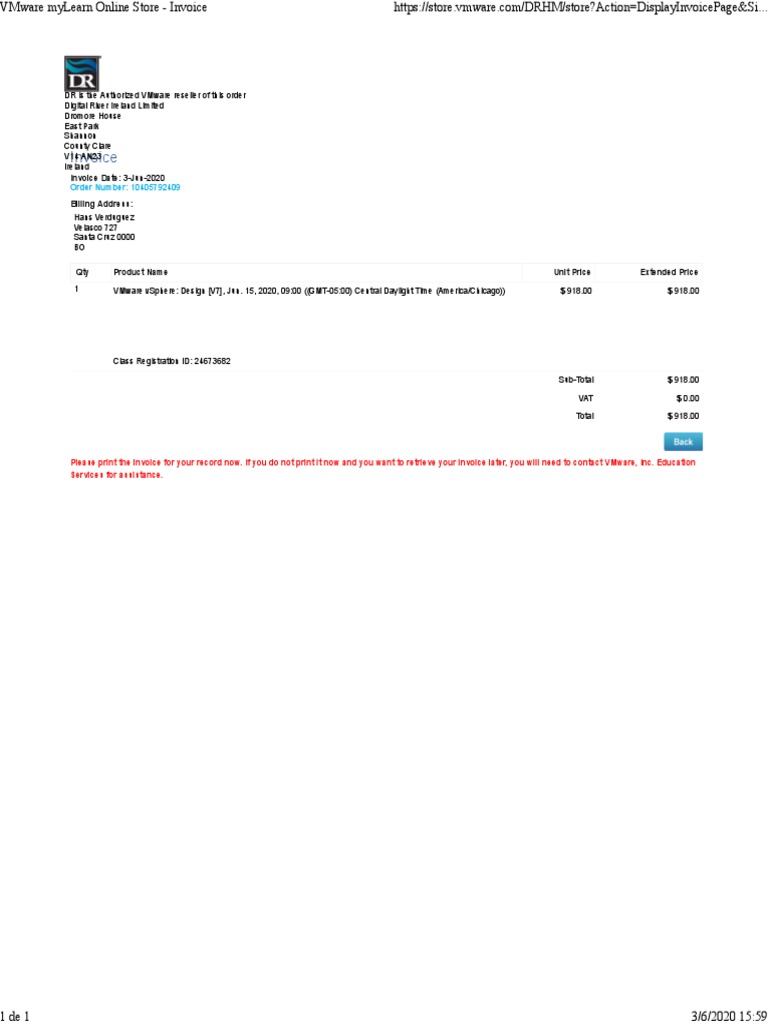Invoice Curso VMware Vsphere Design 7 - Hans Verduguez | PDF