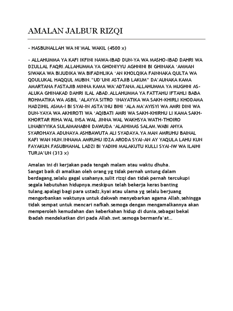 Amalan Sholawat Jalbur Rizqi | PDF