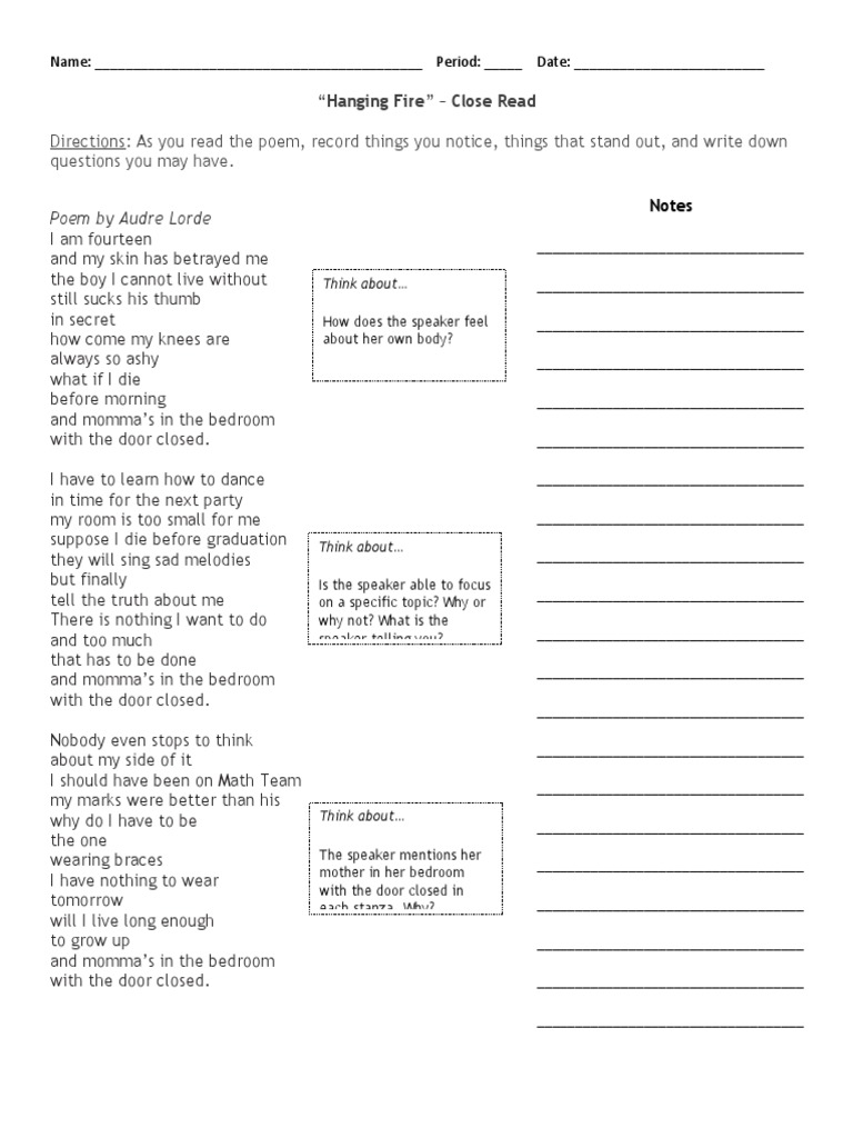 Directions: As You Read The Poem, Record Things You Notice, Things That ...