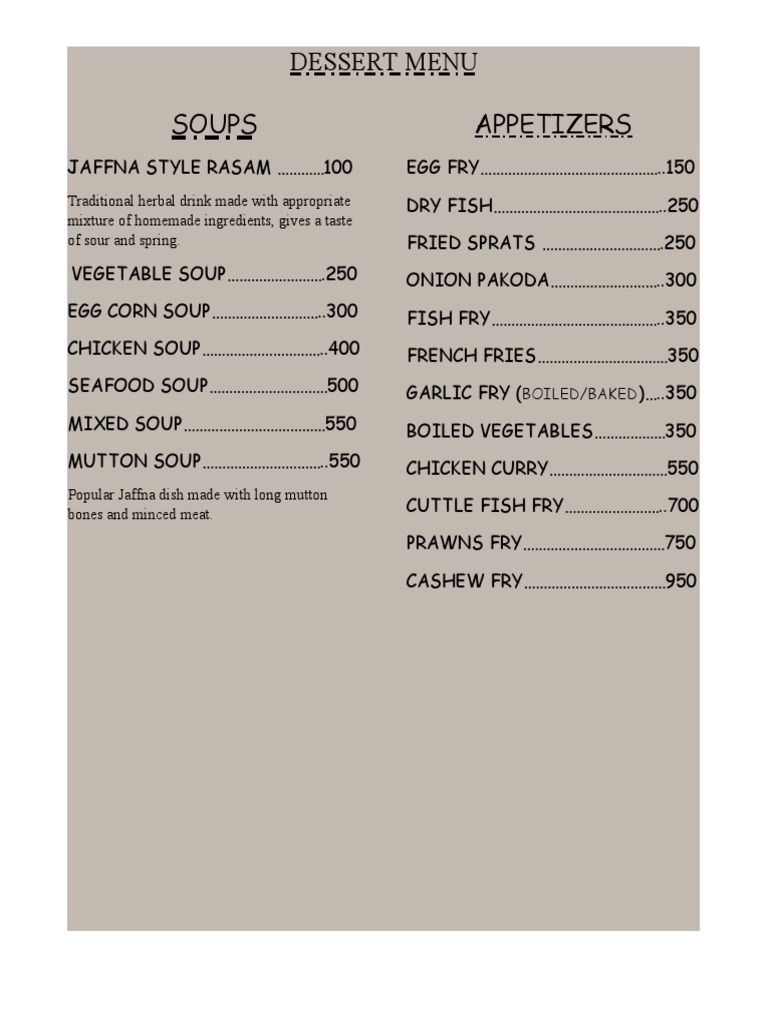 Dessert Menu Soups Appetizers | PDF | Curry | Soup