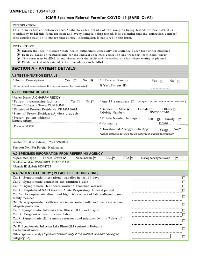 ICMR COVID-19 Specimen Referral Form | PDF | Symptom | Respiratory Diseases